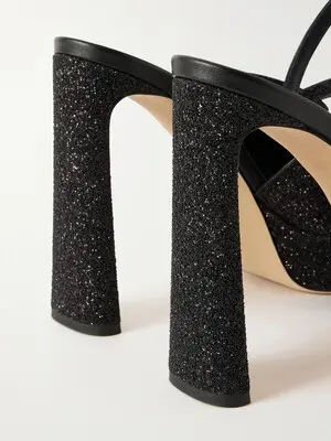 JIMMY CHOO Karly 125 Glittered Leather Platform Sandals - Black