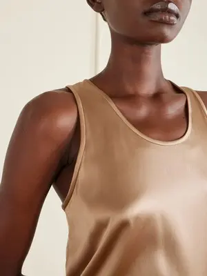Brunello Cucinelli Silk-blend Satin Scoop Neck Top - Brown