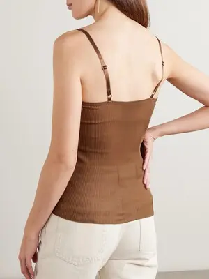 Saint Laurent Lace-trimmed Ribbed Silk-jersey Tank Top - Brown