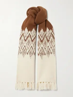 Varley Sebastian Fringed Fair Isle Knitted Scarf Brown