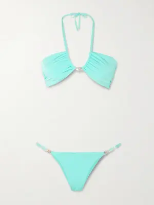 SARA CRISTINA Bahia Pearl Embellished Halterneck Bikini - Blue