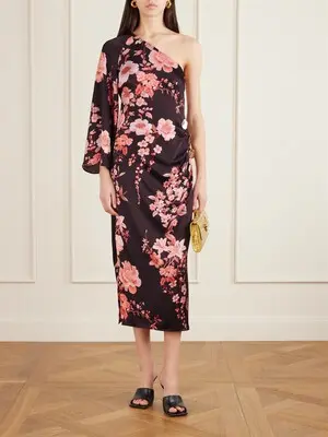 Borgo De Nor Atlantis One-sleeve Embellished Printed Satin Midi Dress