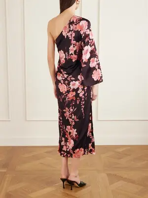 Borgo De Nor Atlantis One-sleeve Embellished Printed Satin Midi Dress