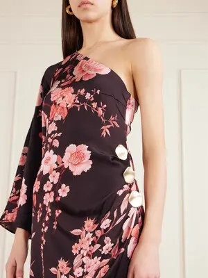 Borgo De Nor Atlantis One-sleeve Embellished Printed Satin Midi Dress