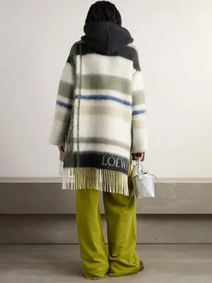 Loewe Hooded Fringed Scarf-detailed Striped Wool-blend Coat