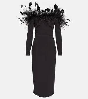 Safiyaa Feather-trimmed Midi Dress - Black
