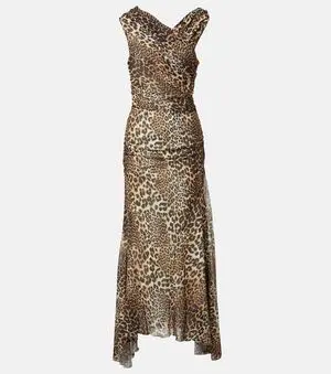 GANNI Ruched Leopard-print Mesh Maxi Dress - Multicoloured
