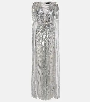 Jenny Packham Sequined Cape Effect Gown - Silver