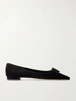 Manolo Blahnik Reador Suede Point-toe Flats With Bow Detailing - Black