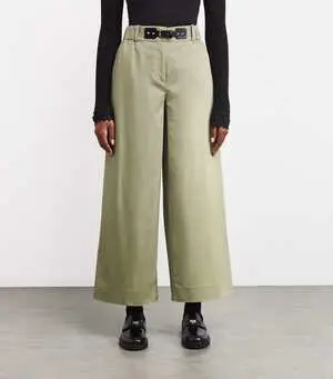 Maje Organic Cotton-blend Wide-leg Trousers With Faux Leather Accent