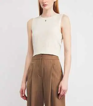 Sandro Cotton-blend Ribbed Tank Top With Gold-tone Logo Embellishment - Beige