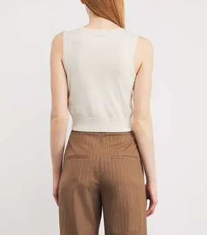 Sandro Cotton-blend Ribbed Tank Top With Gold-tone Logo Embellishment - Beige