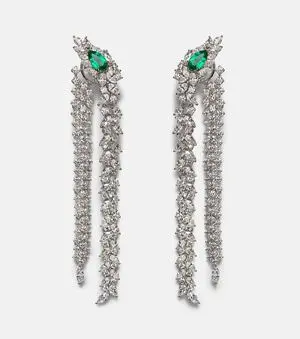 Yeprem 18kt White Gold Diamond And Emerald Drop Earrings - Silver