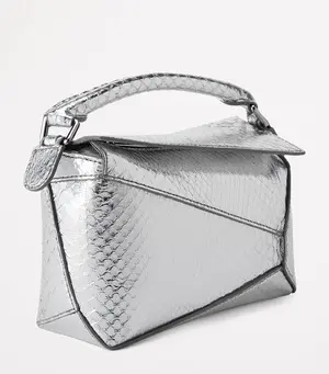 Loewe Mini Python Skin Puzzle Edge Top-handle Bag - Silver
