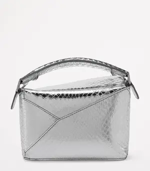 Loewe Mini Python Skin Puzzle Edge Top-handle Bag - Silver