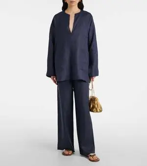 Asceno Oversized Linen Top - Blue