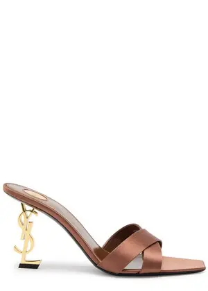 Saint Laurent Opyum 85 Logo Satin Mules - Tan