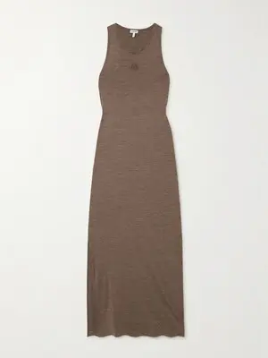 Loewe Anagram Embroidered Twist-back Wool-blend Jersey Maxi Dress - Brown