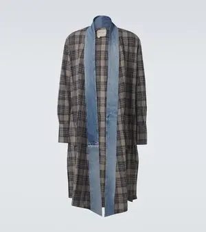 GREG LAUREN Plaid Denim-trimmed Cotton Coat