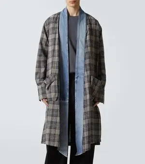 GREG LAUREN Plaid Denim-trimmed Cotton Coat