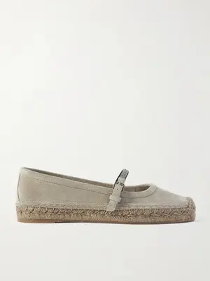 Brunello Cucinelli Bead-embellished Suede Mary Jane Espadrille Flats