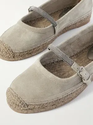 Brunello Cucinelli Bead-embellished Suede Mary Jane Espadrille Flats