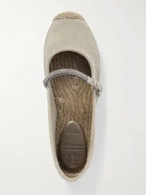 Brunello Cucinelli Bead-embellished Suede Mary Jane Espadrille Flats