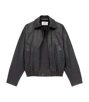 Saint Laurent Leather Bomber Jacket - Grey