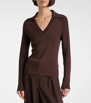 JOSEPH Ribbed-knit Polo Sweater - Brown