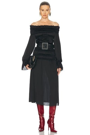 Saint Laurent Off-the-shoulder Midi Dress - Noir