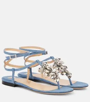 Mach & Mach Puffy Heart Embellished Denim Thong Sandals
