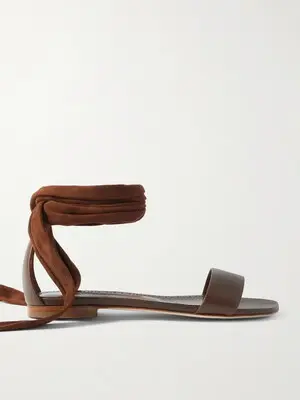 Manolo Blahnik Chastanaflat Suede And Leather Lace-up Sandals - Brown