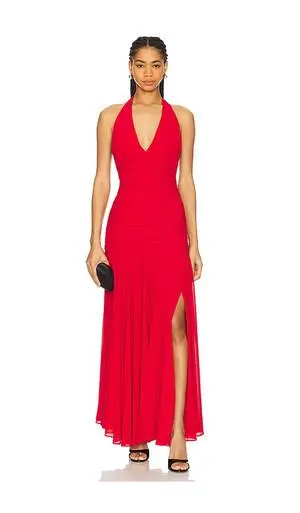 Bardot Halter Neck Maxi Dress - Red