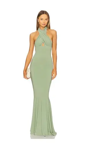 Norma Kamali Cross Halter Fishtail Gown - Green