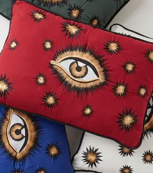 LES-OTTOMANS Eye Embroidered Cotton Cushion - Multicoloured