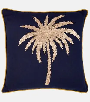 LES-OTTOMANS Embroidered Cotton Canvas Cushion - Blue
