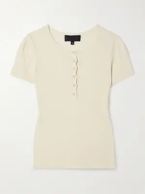 NILI LOTAN Francene Ribbed Silk Henley T-shirt - Ivory