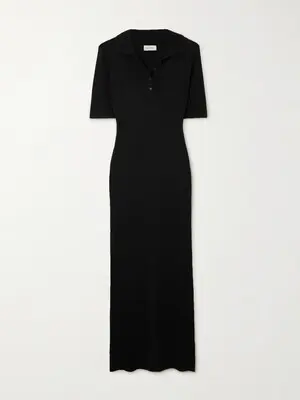 Le Kasha Ribbed Cashmere Midi Dress With Horn Buttons - Black