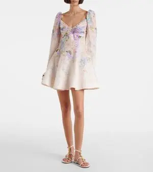 Zimmermann Dawning" Floral Puff-sleeve Linen Minidress