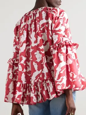 La DoubleJ X Mother Ruffled Printed Cotton Top - Red