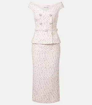 SELF-PORTRAIT Embellished Boucle Midi Dress - Beige