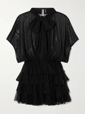 Norma Kamali Lauren Bow-detailed Tiered Ruffled Tulle Mini Dress - Black