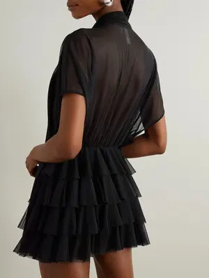 Norma Kamali Lauren Bow-detailed Tiered Ruffled Tulle Mini Dress - Black