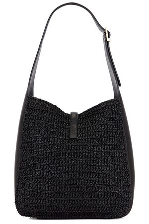 Saint Laurent Small Le 5 A 7 Hobo Bag In Raffia And Leather - Nero