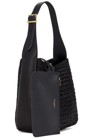 Saint Laurent Small Le 5 A 7 Hobo Bag In Raffia And Leather - Nero