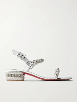 CHRISTIAN LOUBOUTIN Pyrasand 30 Studded Mirrored-leather Block Heel Sandals - Silver