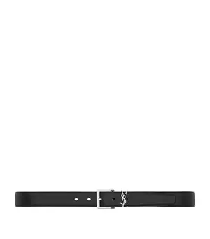 Saint Laurent Slim Calfskin Leather Belt With Gold-tone Monogram - Black