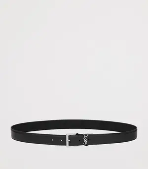 Saint Laurent Slim Calfskin Leather Belt With Gold-tone Monogram - Black