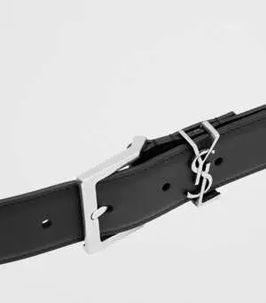 Saint Laurent Slim Calfskin Leather Belt With Gold-tone Monogram - Black