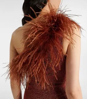 Oseree Feather Embellished Metallic Maxi Dress